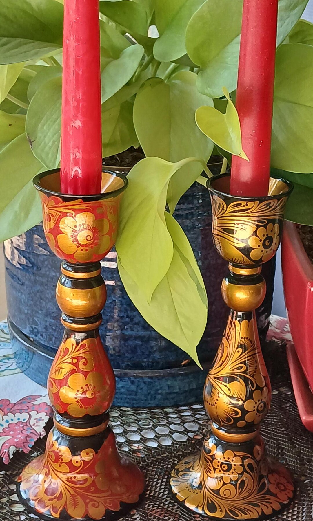 Russian Folk Art Hand Painted Wooden Candlesticks-1 Pair - Etsy