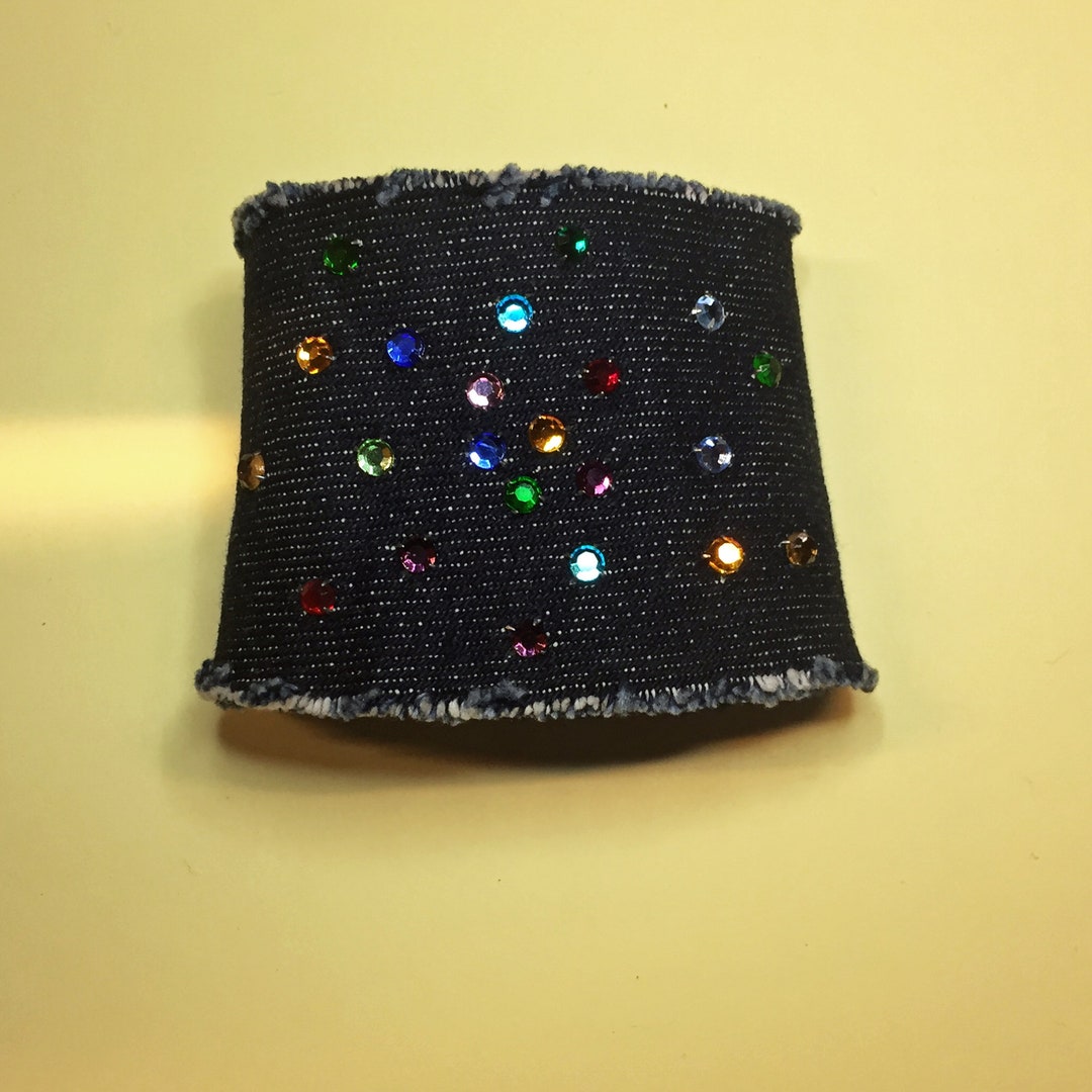 DENIM RHINESTONE CUFF- Pretty Denim Cuff, Rainbow Glass Rhinestones ...