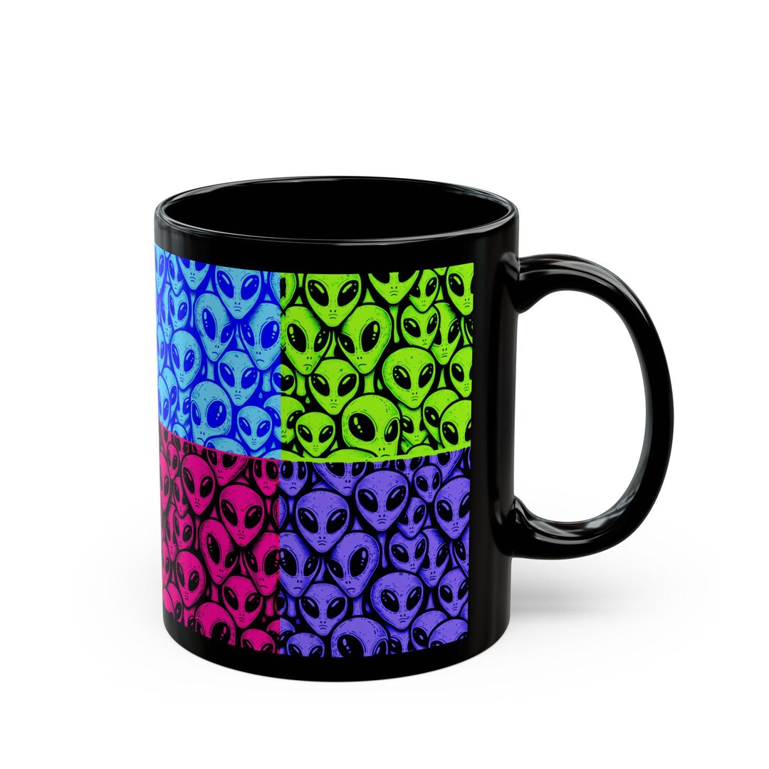 Alien Invasion Mug, Colorful Pattern Black Mug, Unique Alien Faces ...