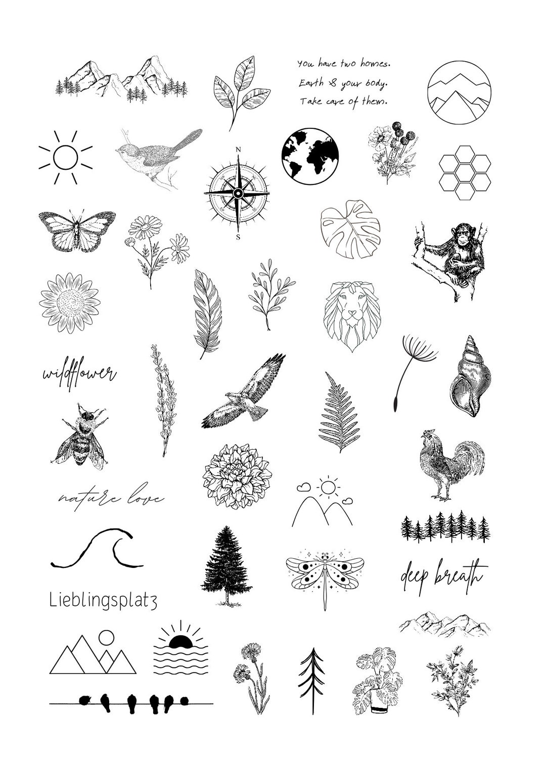 Temporary Tattoos Nature Plants Flowers Trees Animals Mountains - Etsy UK