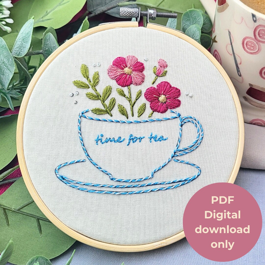 Tea Cup and Flowers Embroidery Pattern, Tea Cup Embroidery, Pink Flower ...