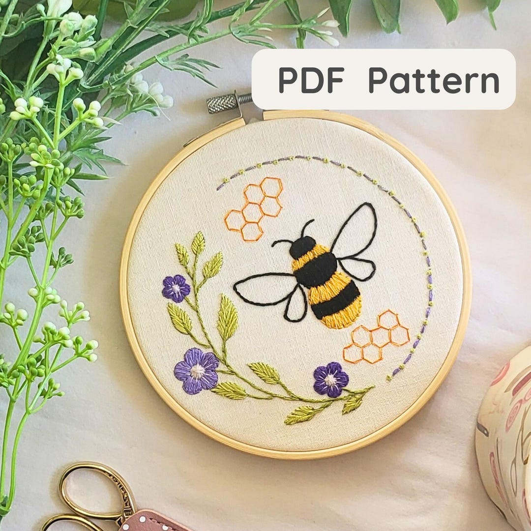 Bee and Flower Hand Embroidery Pattern, Insect Floral Embroidery Pdf ...