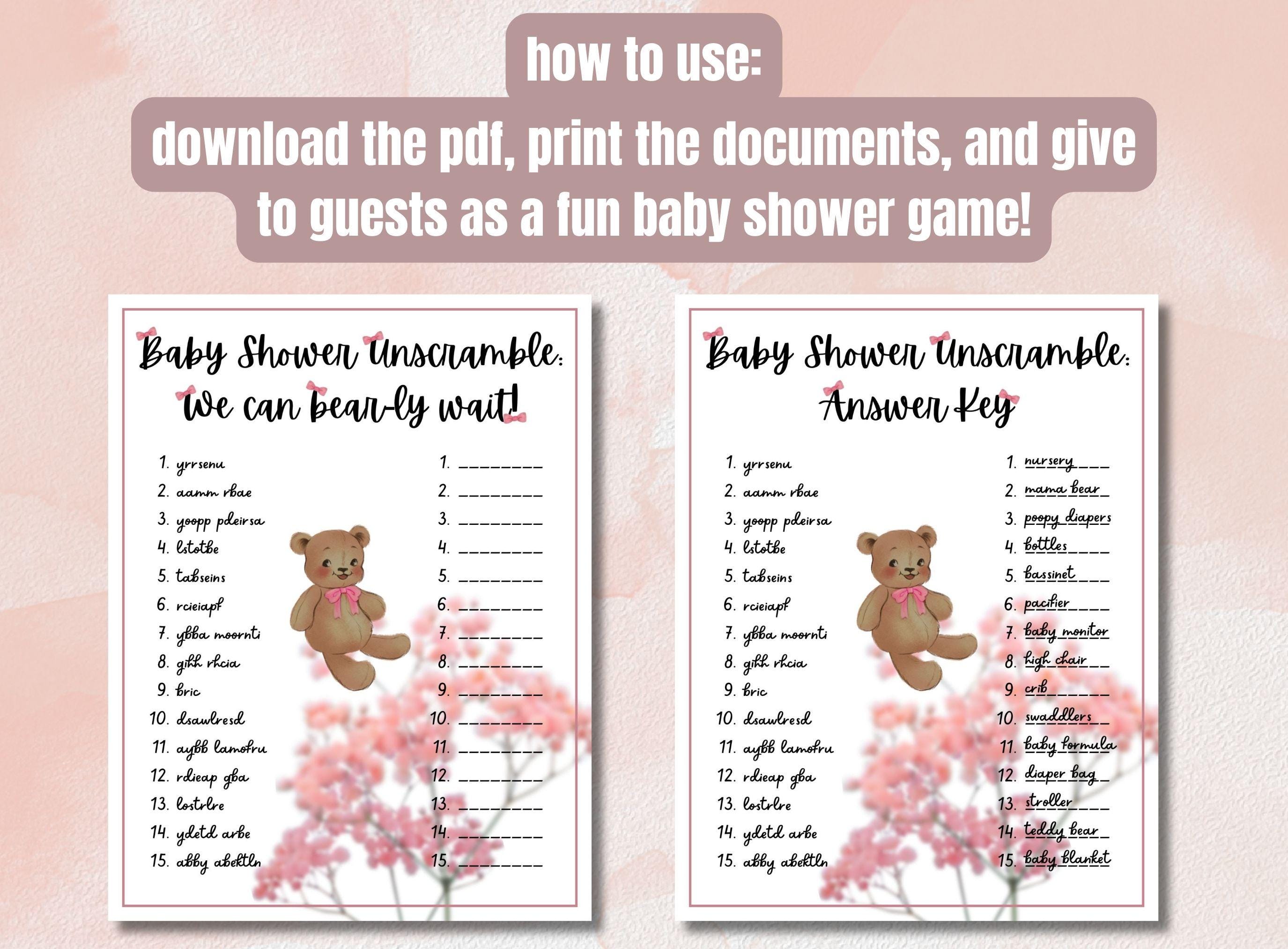 Baby Shower Cute & Fun Word Scramble Game "we Can Bearly Wait ...