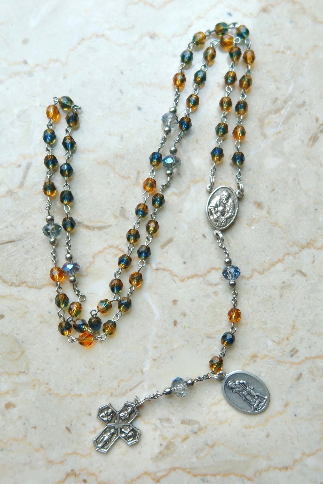 Blue and Orange Glass Catholic Rosary With St. Lazarus Medal | Boy's ...