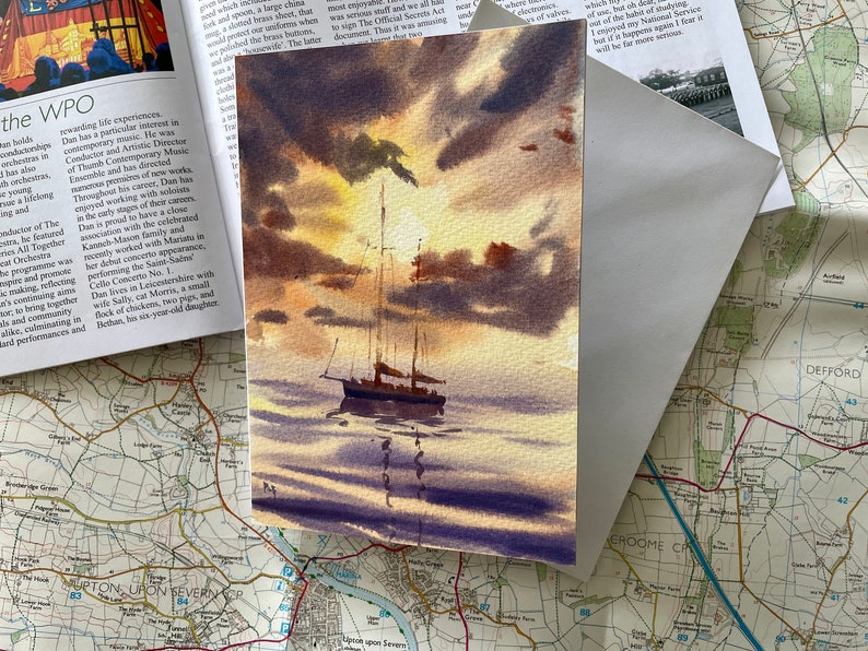 Hand Painted Watercolour Greetings Card. Sailing Boat Sunset . Original ...