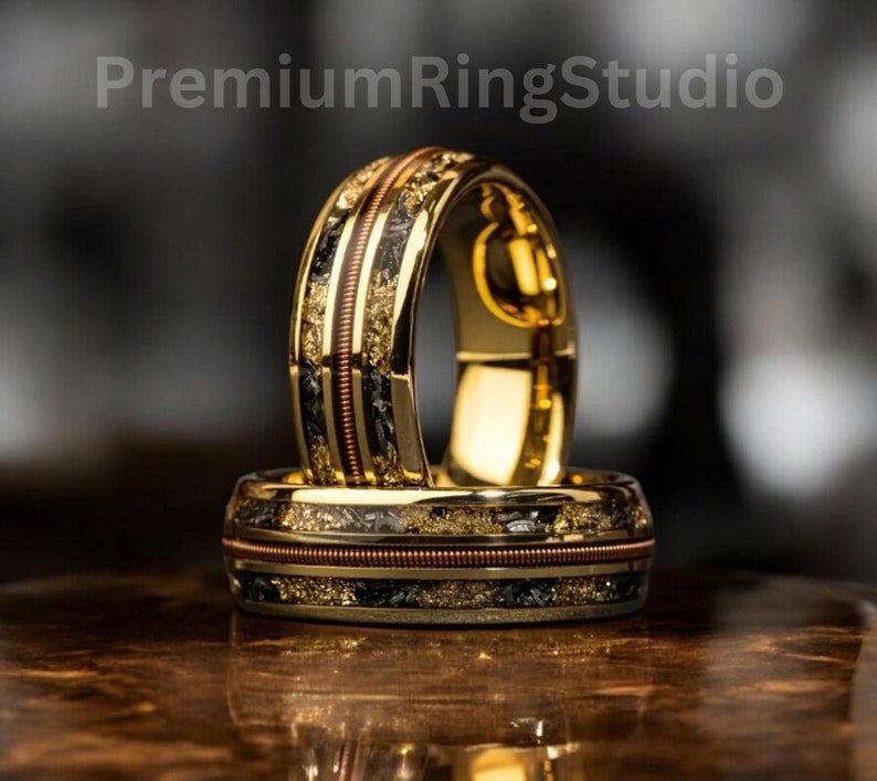 Gold Leaf & Meteorite Tungsten Ring Gold 18K Men Wedding Band Guitar ...