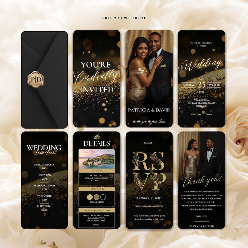 Animated Wedding Invitation, DIY Template Canva, Modern Black and Gold ...