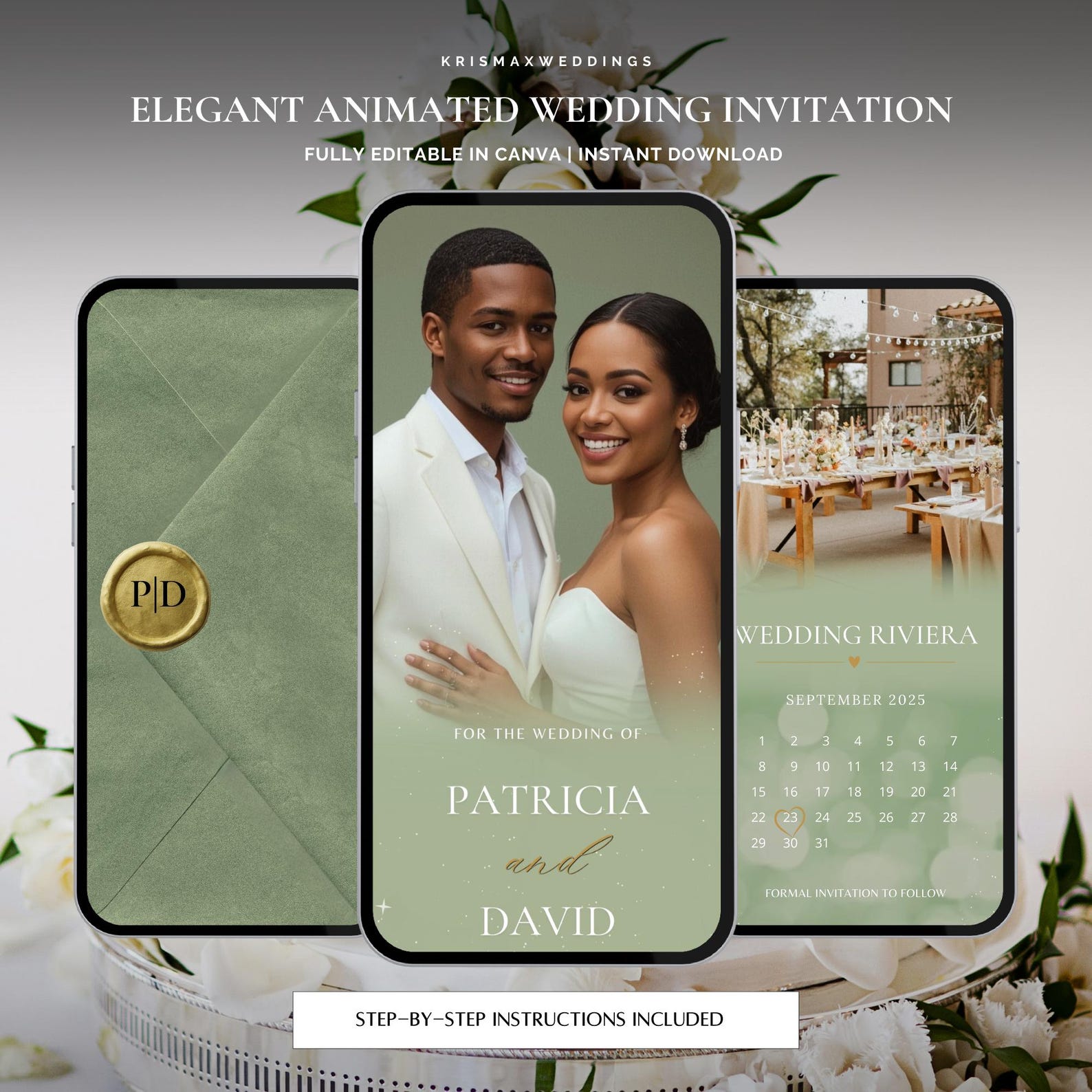Wedding Save the Date Sage Green, Elegant Animated Calendar Video Card ...