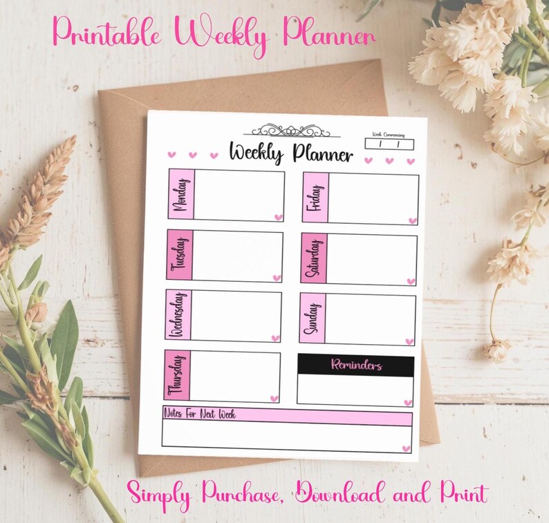 Pink Heart Themed Printable Weekly Planner Work From Home Home Office ...
