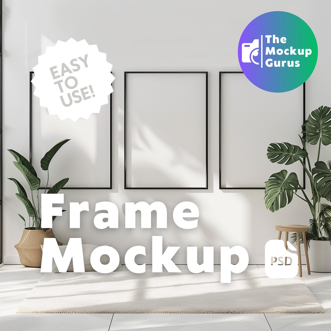 3 Frames Mockup, 3 Vertical Frames on Wall, PSD Frame Mockup, Frames in ...