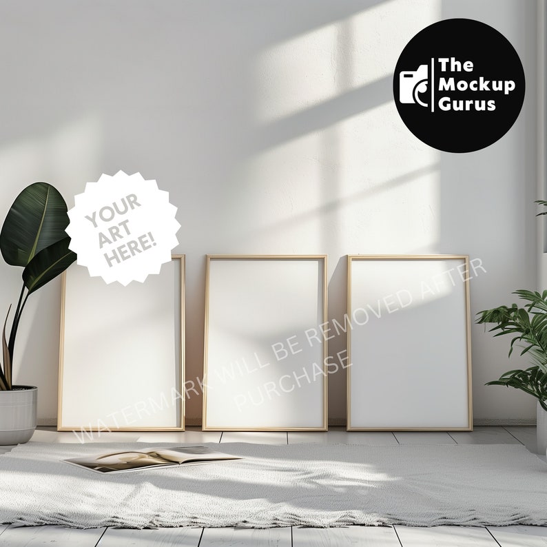 3 Frames Mockup, 3 Vertical Frames on Wall, PSD Frame Mockup, Frames in ...
