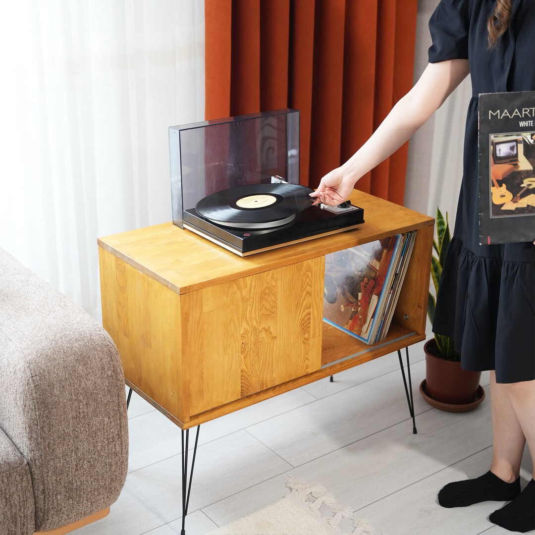 Large Record Player Stand, Mcm Turntable Stand, Solid Wood Vinyl Record ...