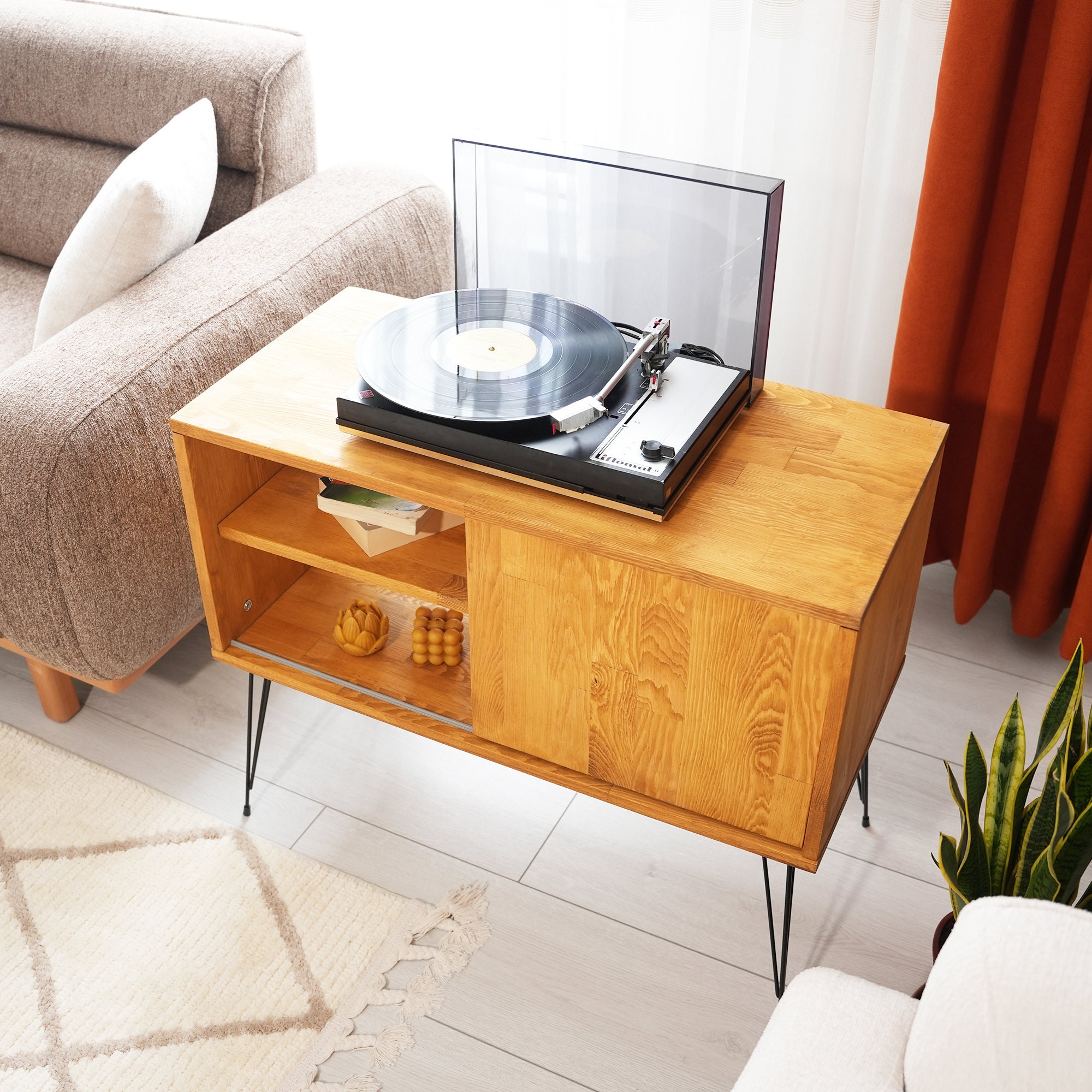 Large Record Player Stand, Mcm Turntable Stand, Solid Wood Vinyl Record ...