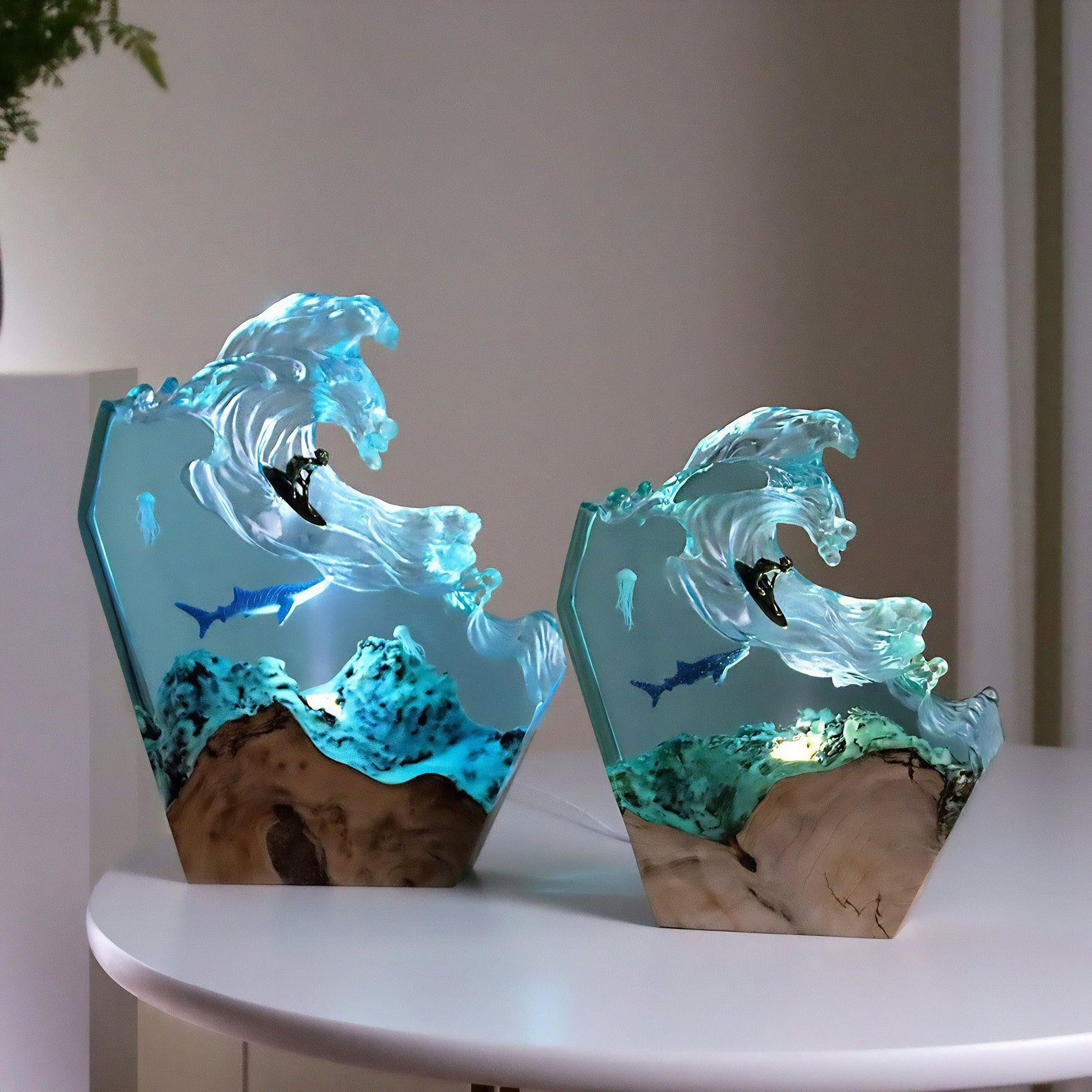 Ocean Wave LED Lamp Shark & Surfer Epoxy Resin Wood Home Decor Art ...