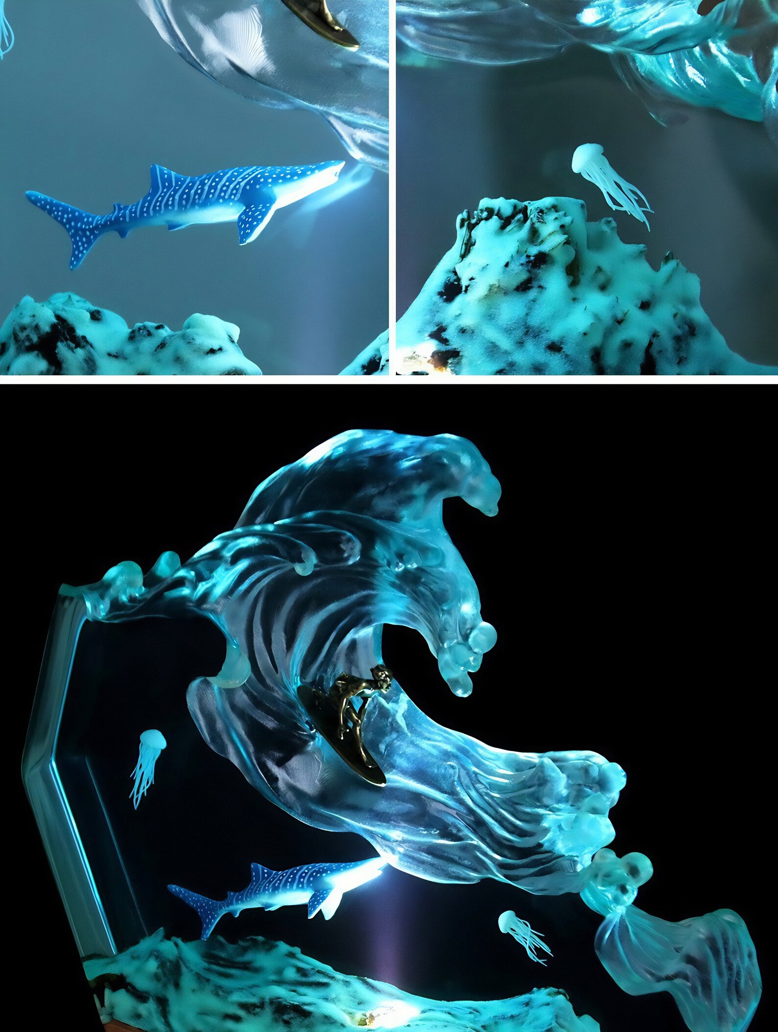 Ocean Wave LED Lamp Shark & Surfer Epoxy Resin Wood Home Decor Art ...