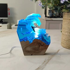 Ocean Wave LED Lamp Shark & Surfer Epoxy Resin Wood Home Decor Art ...