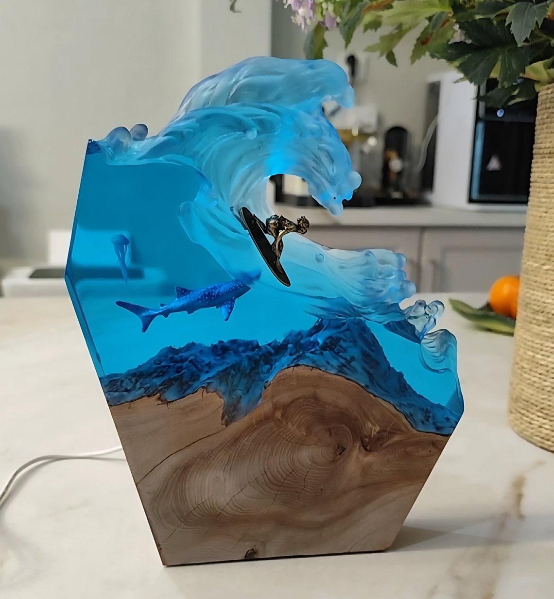Ocean Wave LED Lamp Shark & Surfer Epoxy Resin - Wood Home Decor Art ...