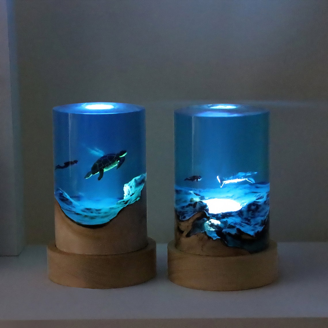 Shark & Turtle LED Lamp Epoxy Resin Cylinder - Wood Home Decor Art ...