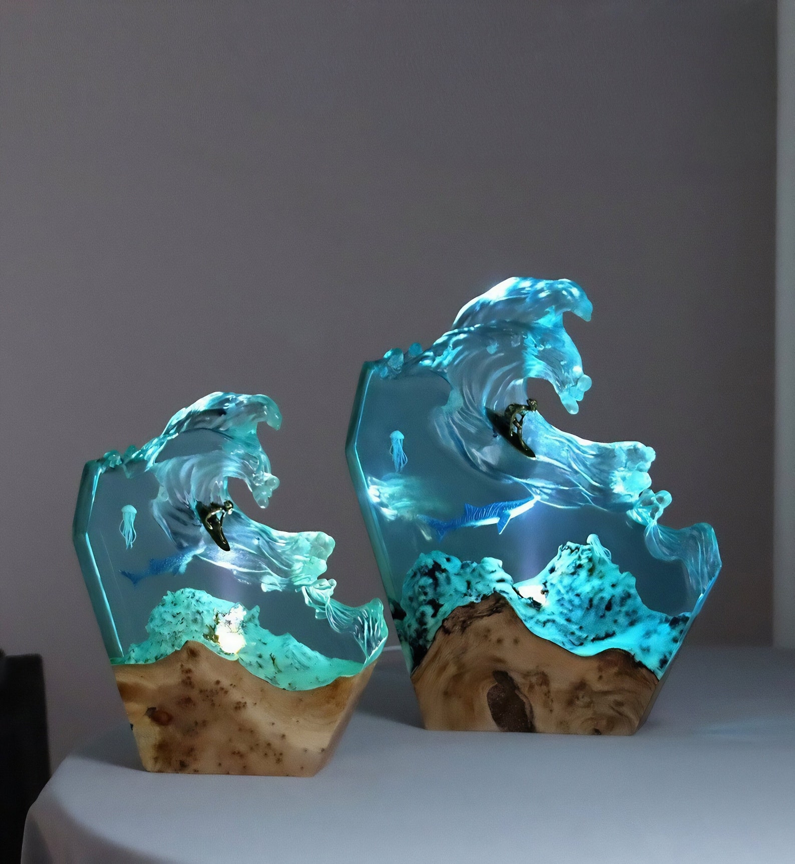 Ocean Wave LED Lamp Shark & Surfer Epoxy Resin Wood Home Decor Art ...