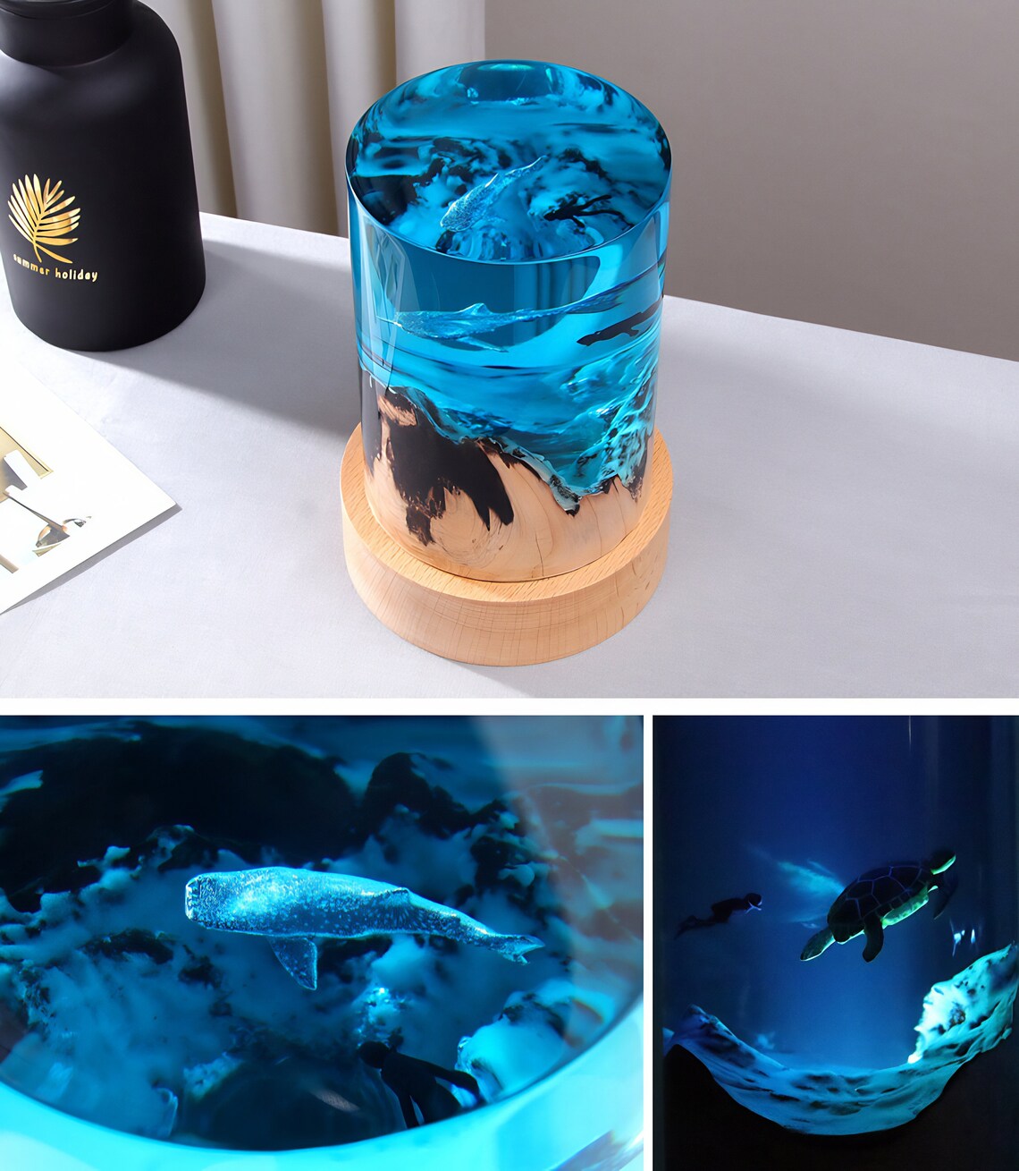 Shark & Turtle LED Lamp Epoxy Resin Cylinder - Wood Home Decor Art ...
