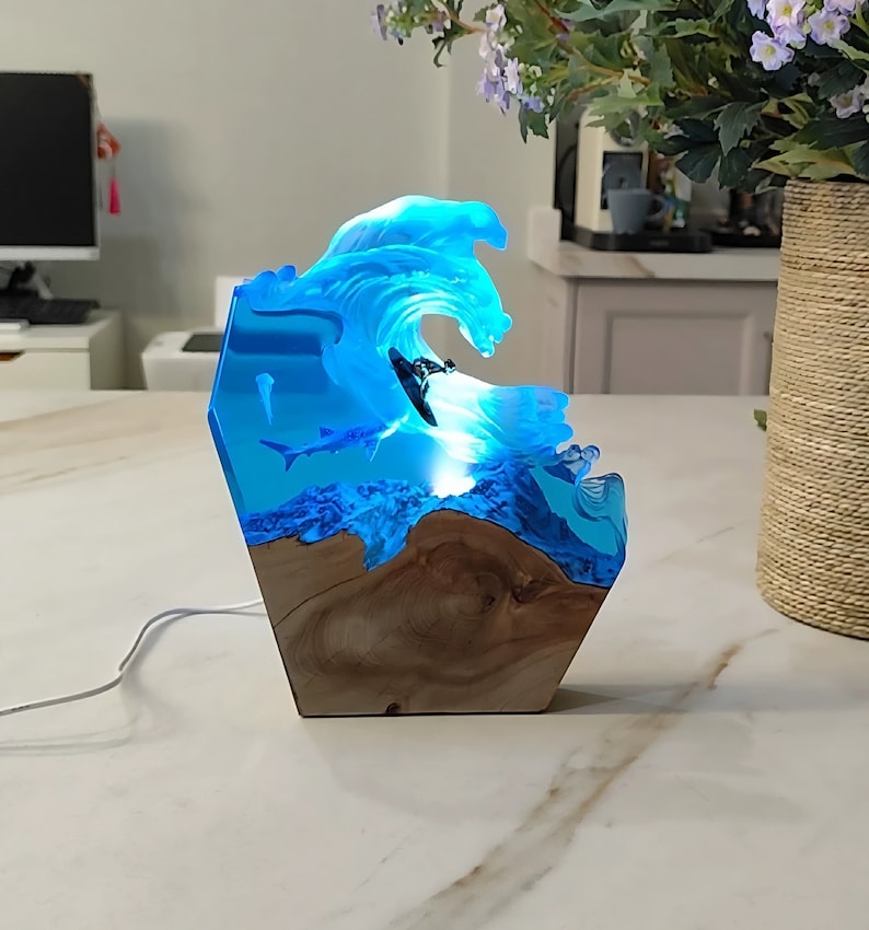 Ocean Wave LED Lamp Shark & Surfer Epoxy Resin - Wood Home Decor Art ...