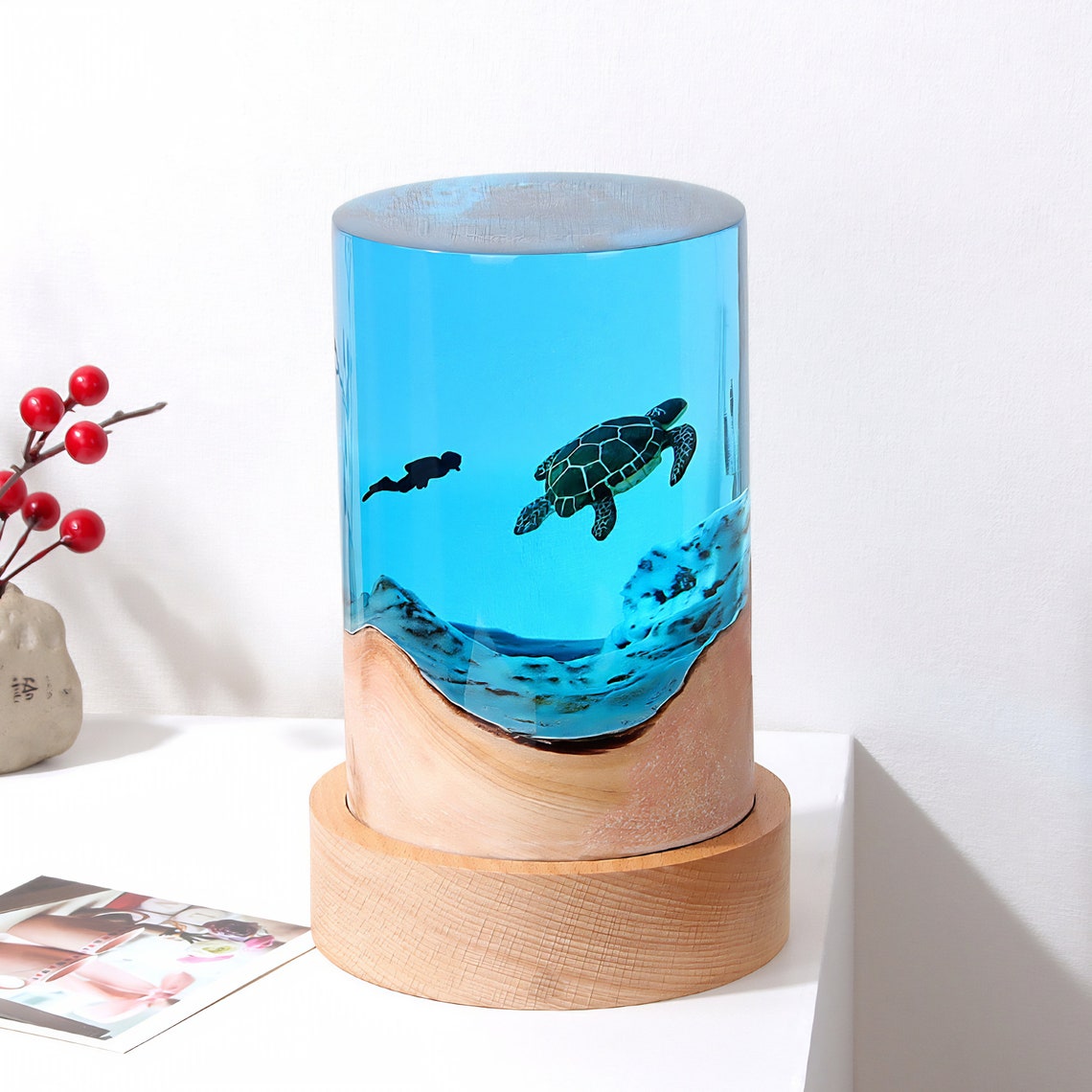 Shark & Turtle LED Lamp Epoxy Resin Cylinder - Wood Home Decor Art ...