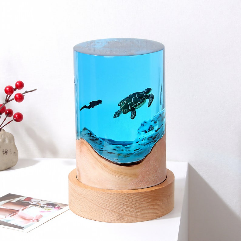 Shark & Turtle LED Lamp Epoxy Resin Cylinder - Wood Home Decor Art ...