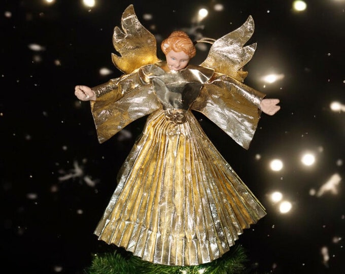 Rare Golden Angel Tree Topper in Original Box - Pleated Golden Foil ...