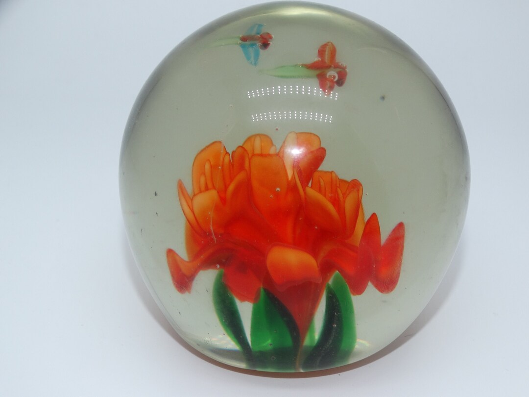 Vintage Glass Paperweight Orange Flower, Little Dragon Flies Little ...