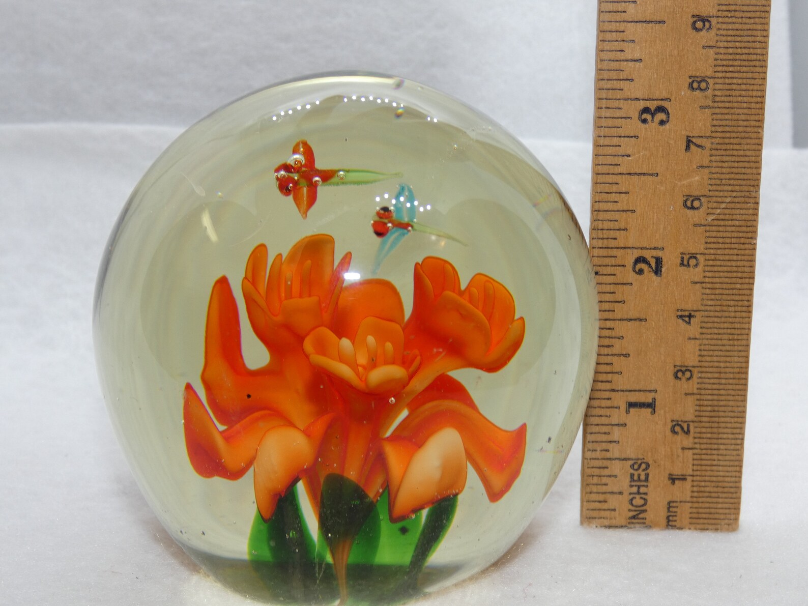 Vintage Glass Paperweight Orange Flower Little Dragon Flies - Etsy