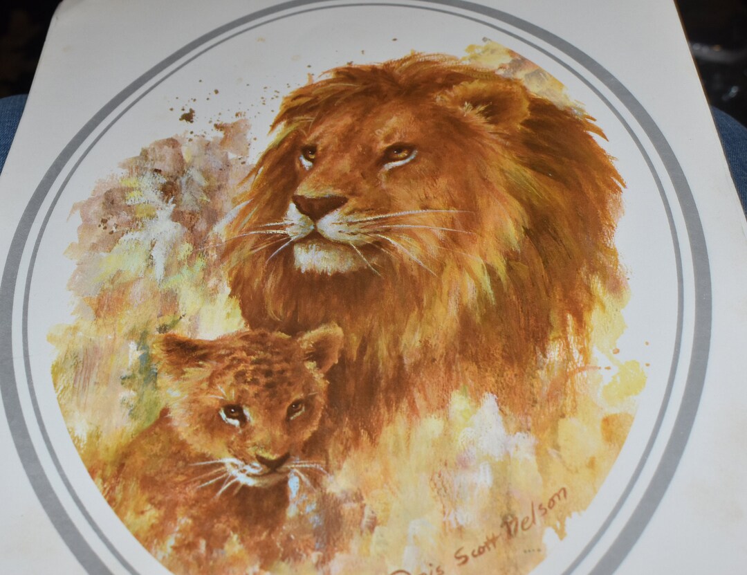 Vintage Doris Scott Nelson Lion & Cub Print, King of the Jungle, Father ...