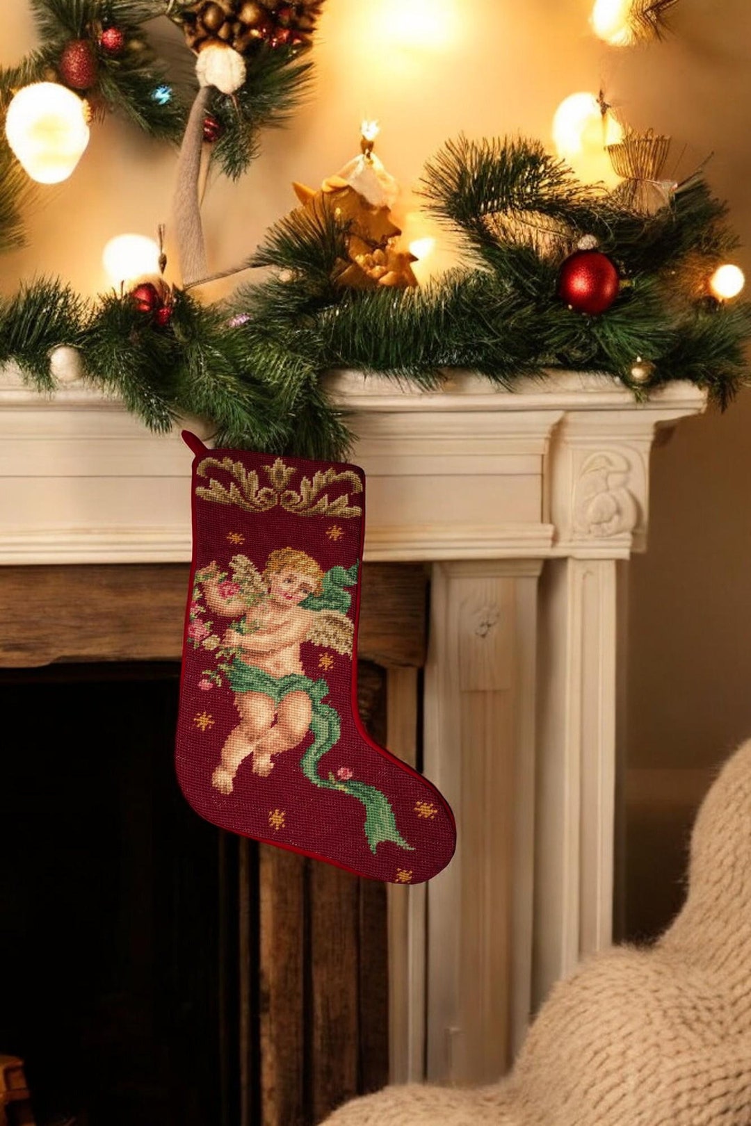 Victorian Angel Christmas Stocking: Handmade Needlepoint Holiday Decor ...