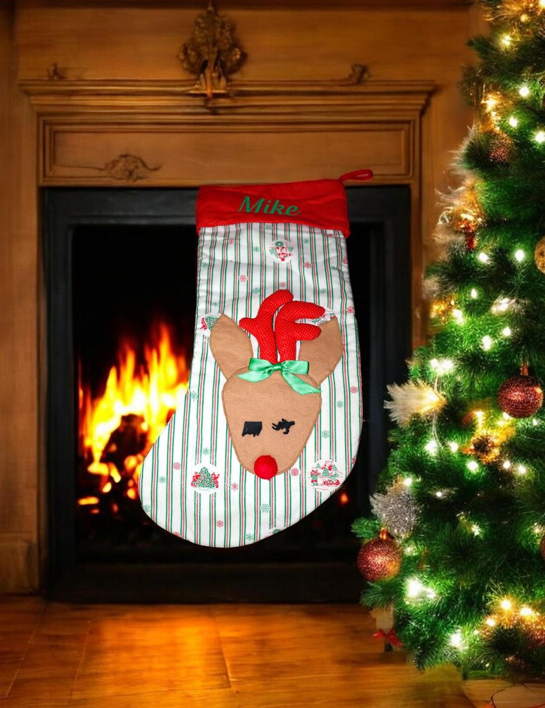 Rudolph Stocking, Red Nosed Reindeer Stocking, Vintage Handmade mike ...