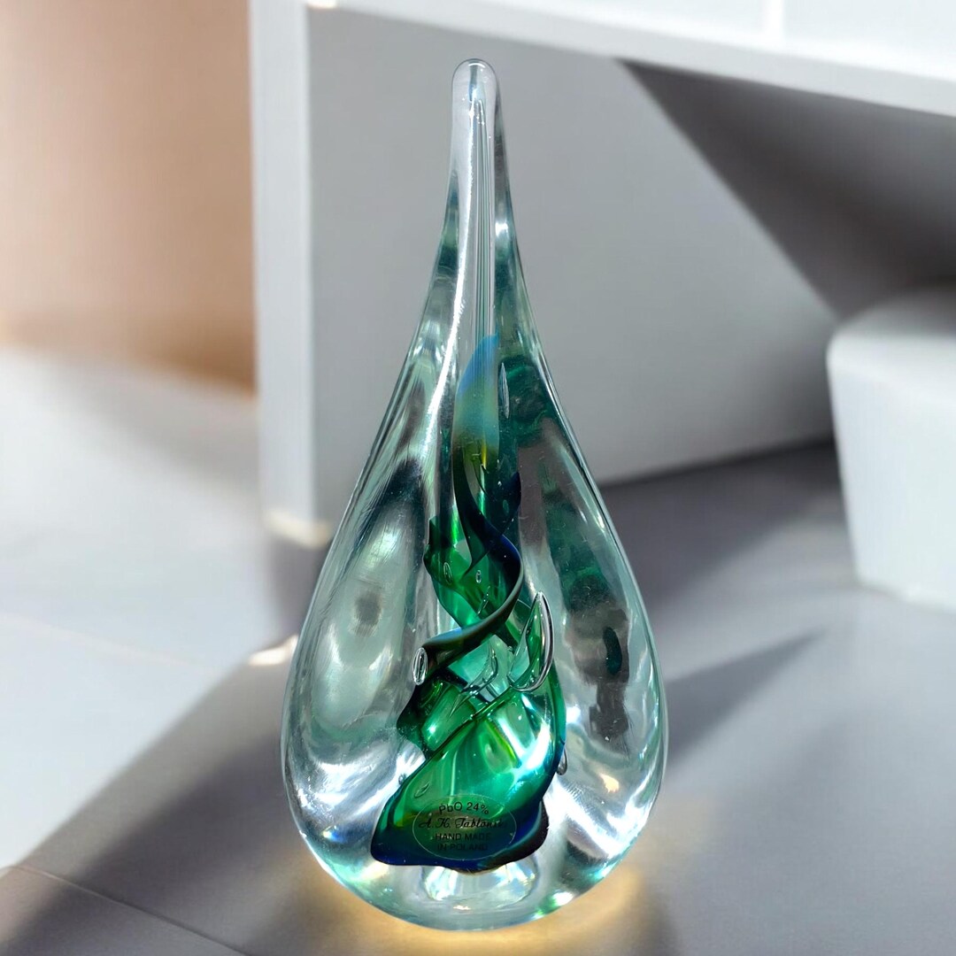 Vintage Adam Jablonski Crystal Paperweight: Teardrop Green Swirl Design ...