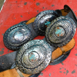 Vintage Inlaid Turquoise Coral Silver Belt Buckle Handmade Black ...
