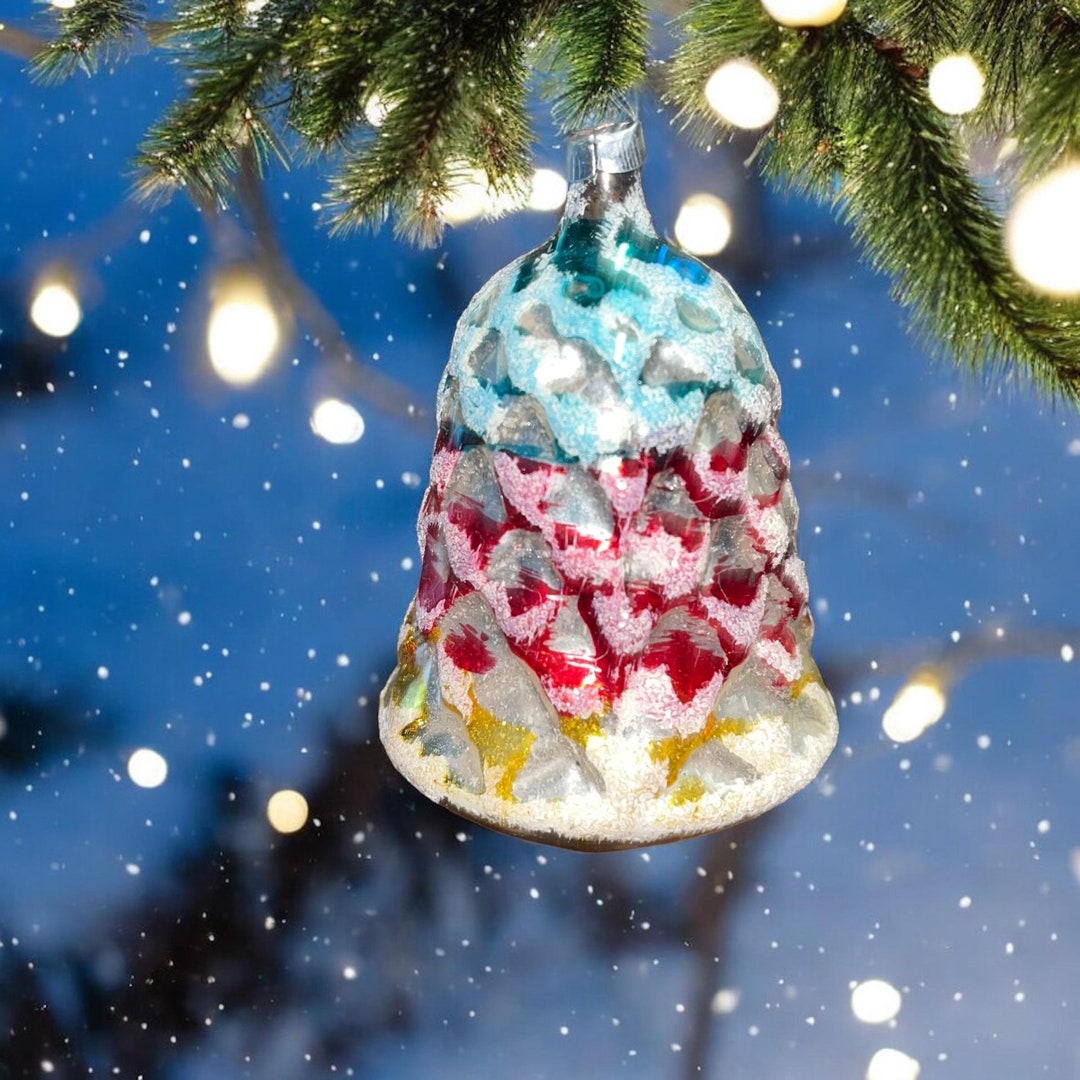 Vintage Red, Green, Tan Mercury Glass Bell, Christmas Bell Ornament ...