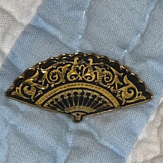 Vintage Damascene Dainty Spanish Fan Brooch - Gem