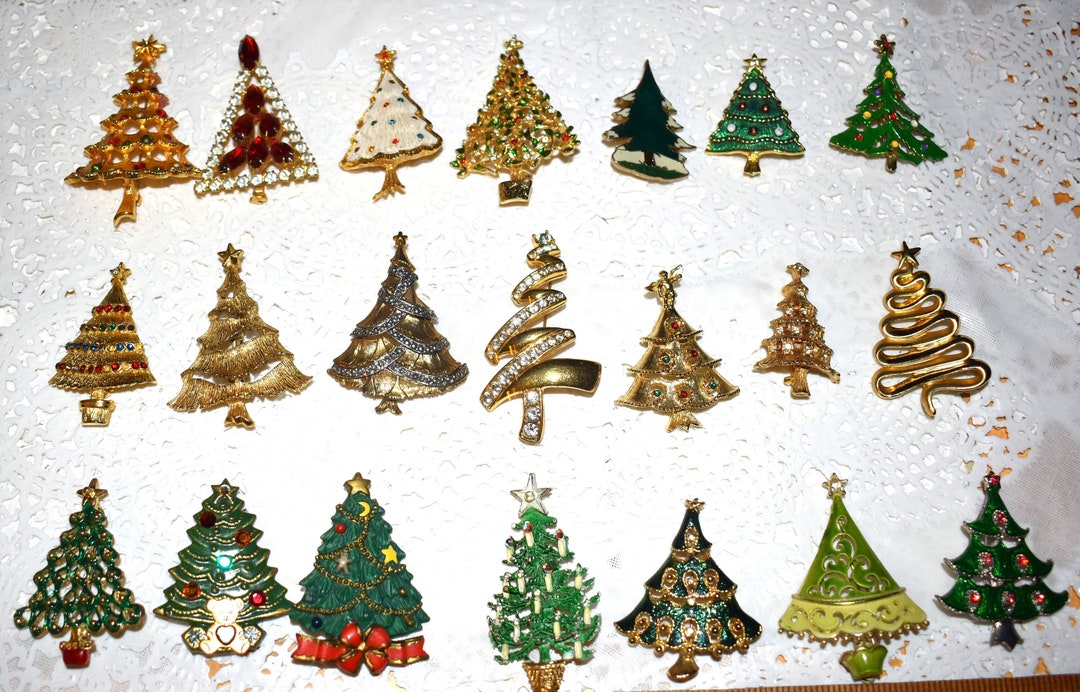 Vintage Enamel Christmas Tree Pins, Rhinestone Christmas Tree Pins, Mid ...