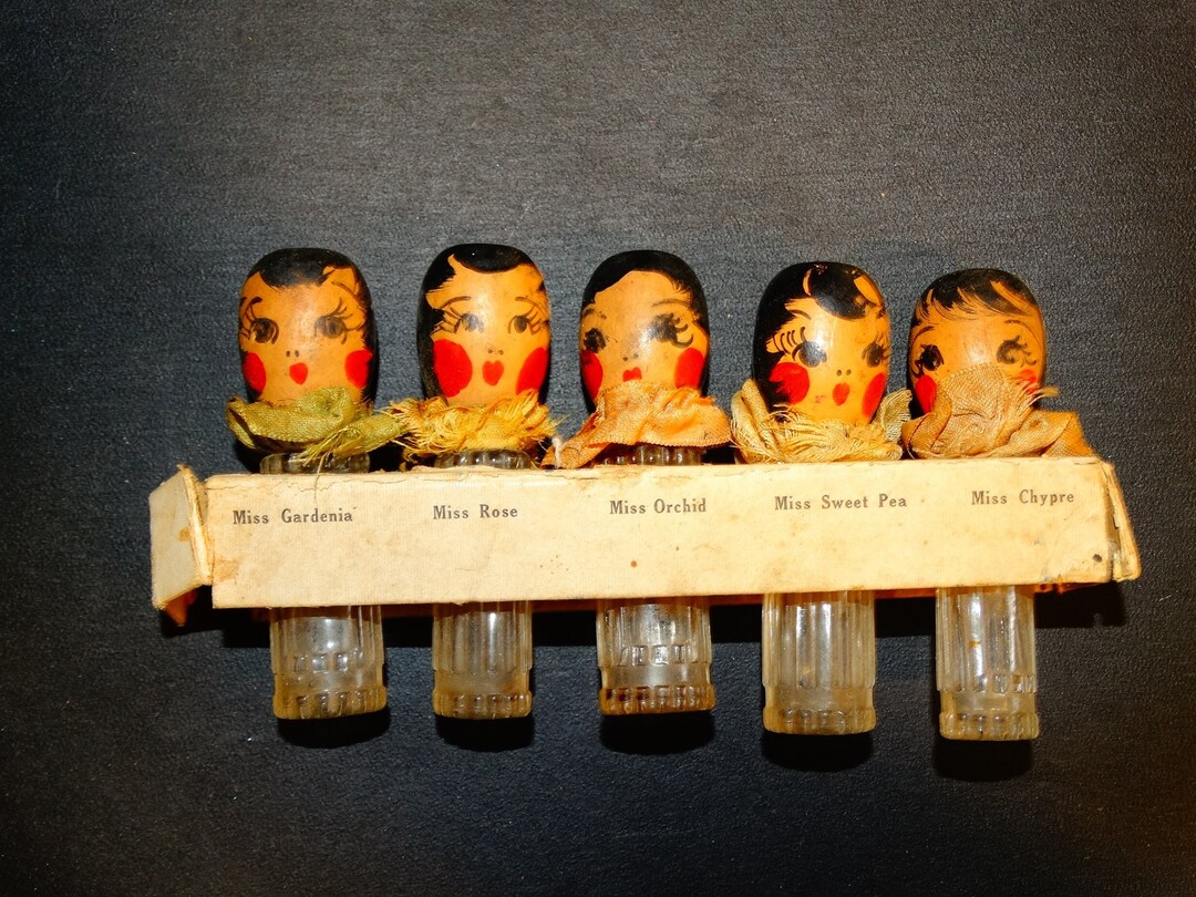 Vintage KAROFF Floral Quintuplets Wood Doll Heads Perfume Bottle, Miss ...