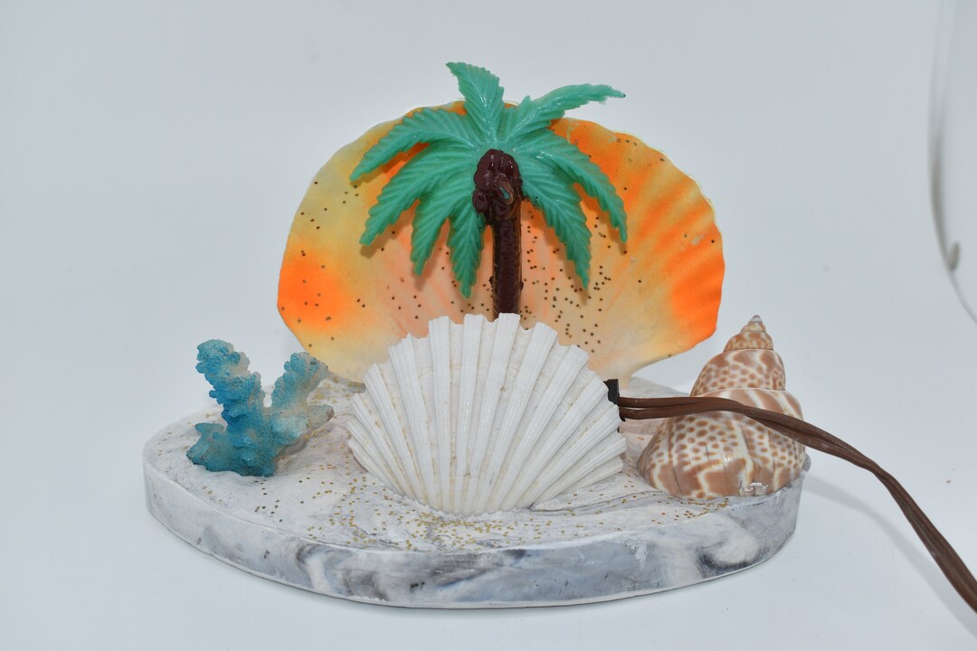 Vintage Lighted Seashell Table Lamp, MCM Palm Tree, Red Light, Beach ...