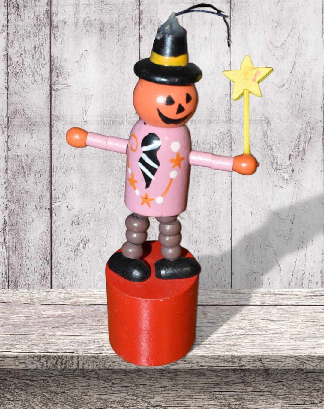 Vintage Halloween Pumpkin W/star Push Puppet, Collapsing Push Puppet ...