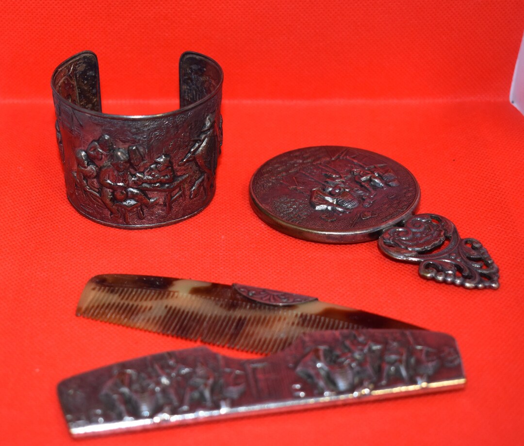 Vintage Hans Jensen Denmark Repousse Design Hand Mirror, Comb, Bracelet ...