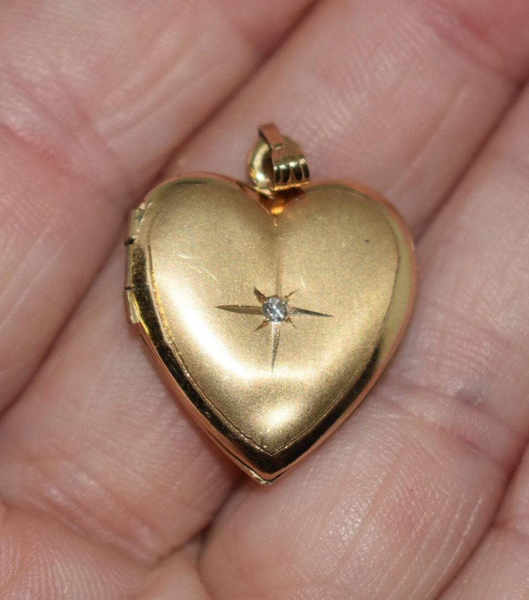 Vintage 14K Yellow Gold Heart Photo Locket With Diamond, Puffy Satin ...