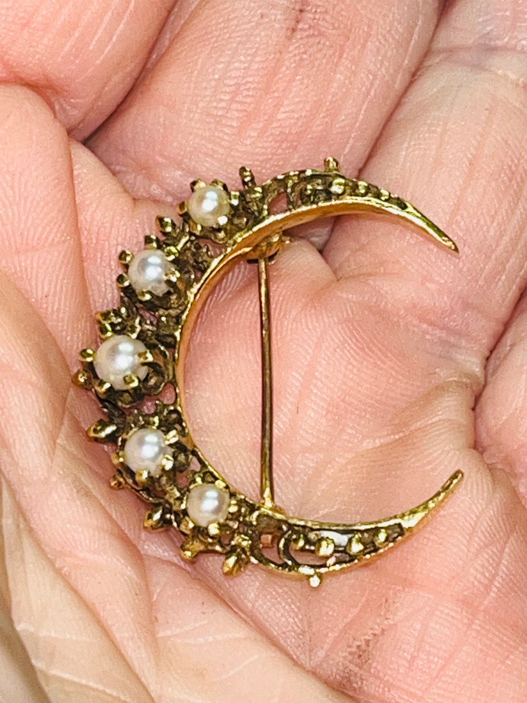 Vintage 14k Yellow Gold Pearled Crescent Moon Shaped Brooch Pin ...