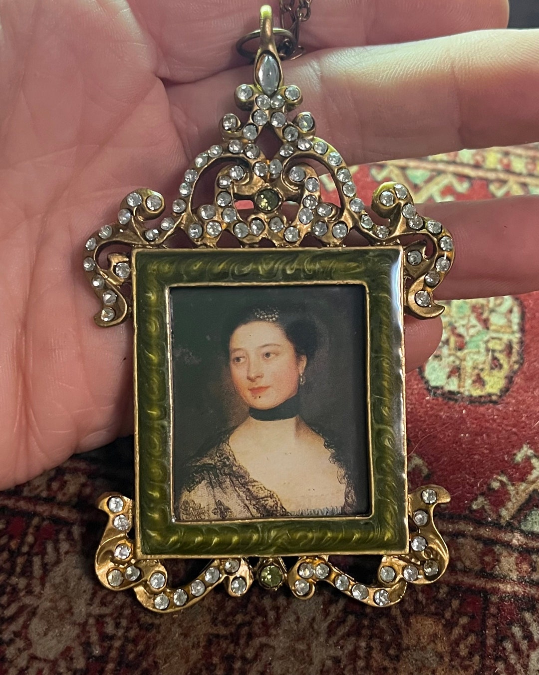 Miniature Frame Ornament Olive Green Rhinestone Gold Miniature Filagree ...