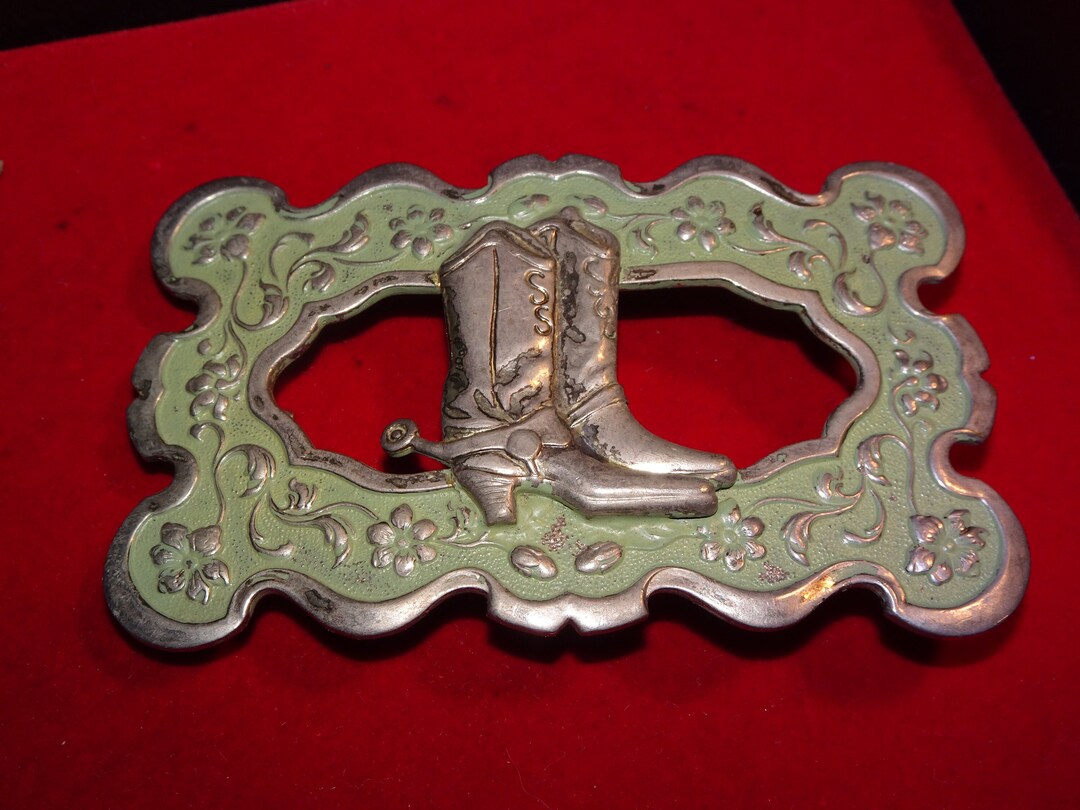 Mid Century Cowboy Boot Belt Buckle, Silver Tone, Atomic Green Outline ...