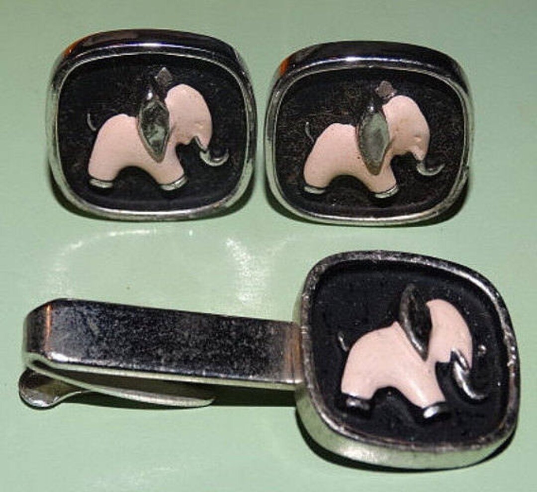 Pink Elephant Tie Tack & Cuff Links Mid Century Rockabilly Fashion ...