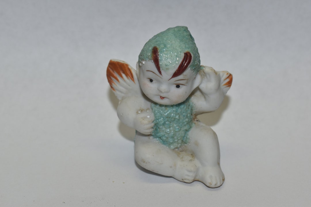 Vintage Bisque Pixie Angel Figure, Made in Japan, Frosted Green Angel ...