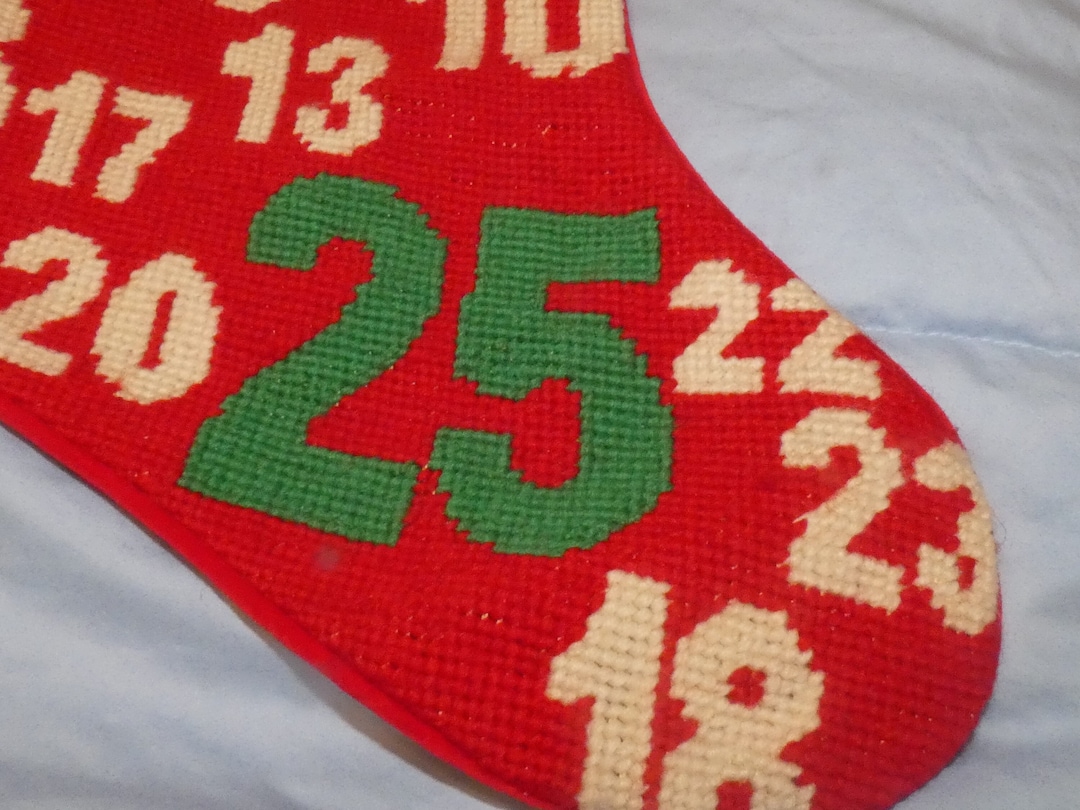 Vintage Red Needlepoint 25 Days Until Christmas Stocking, Numbers ...