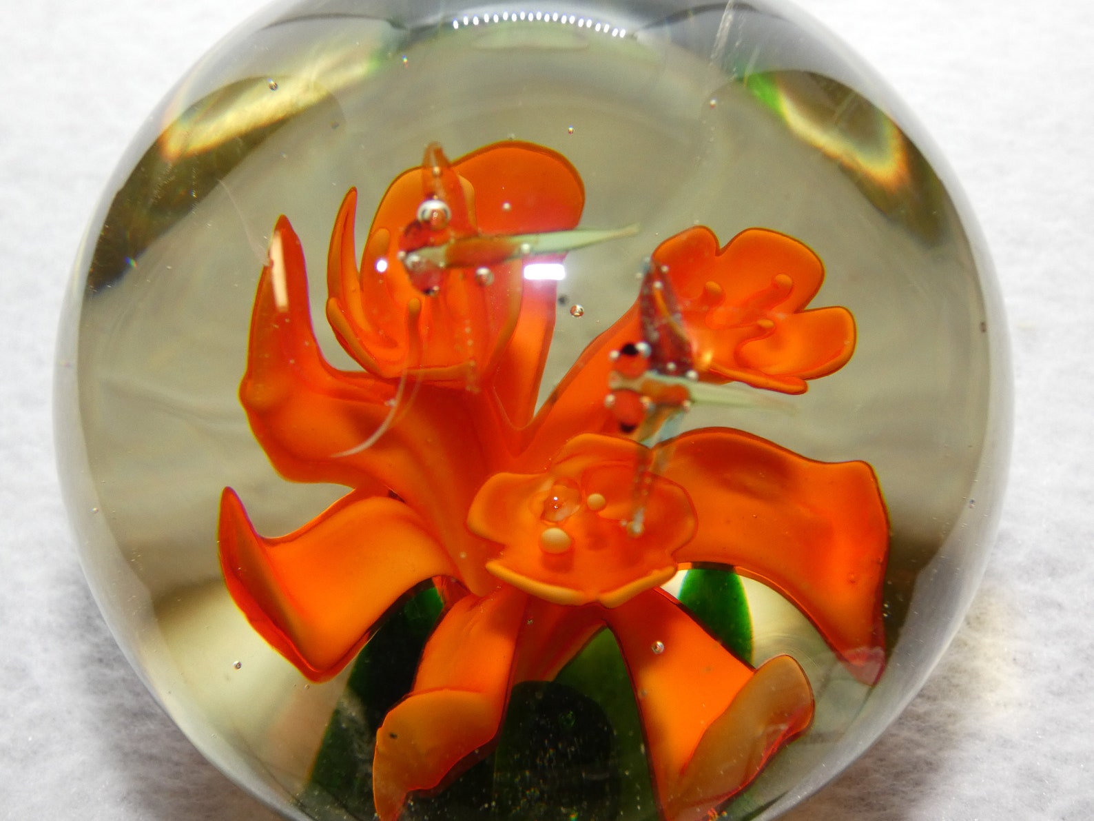 Vintage Glass Paperweight Orange Flower Little Dragon Flies - Etsy